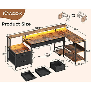 AODK L Shaped Desk with 5 File Drawers, 66" Reversible L Shaped Computer Desk with Power Outlet & LED Strip, Office Desk with Storage Shelves, Gaming Desk with Monitor Shelf, Corner Desk, Vintage