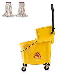 Matthew Cleaning Commercial Mop Bucket INCL.2 Pack Mop Head with Side Press Wringer On Wheels,Heavy Duty Tandem Portable Floor Cleaning Wavebrake,Ideal for Household,Industrial,Restaurant,38 Quart