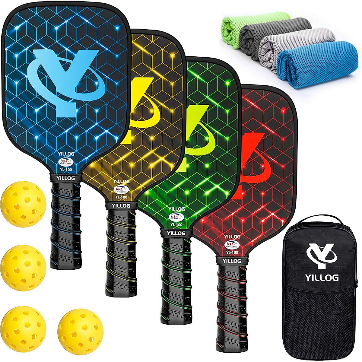 YILLOG Pickleball Paddles,USAPA Approved Pickleball Paddle Set 4,Fiberglass Surface Pickleball Set,4 Pickleball Balls,4 Cooling Towels,Bag,Pickle Ball Paddle Men Women Red/Blue/Green/Yellow
