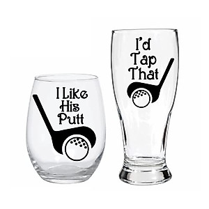 Jemley Golfer Gift Set Wine & Beer Glasses | I Like His Putt/I'd Tap That | His and Hers Golf Gift | Anniversary/Wedding/Bridal Shower Gift | Funny Golf Gift | Handmade
