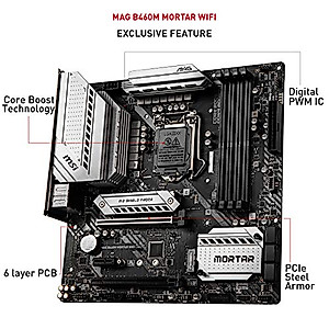 MSI MAG B460M Mortar WiFi Gaming Motherboard (mATX, 10th Gen Intel Core, LGA 1200 Socket, DDR4, CFX, Dual M.2 Slots, USB 3.2 Gen 1, 2.5G LAN, DP/HDMI, Wi-Fi 6 Pre-Certified)