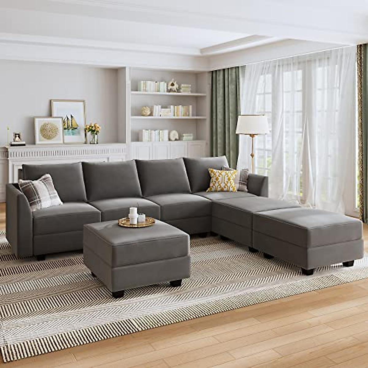 HONBAY Modular Sectional Sofa Velvet U Shaped Couch with Ottomans Convertible Sectional Couch 7 Seater Sofa with Storage Seat, Grey