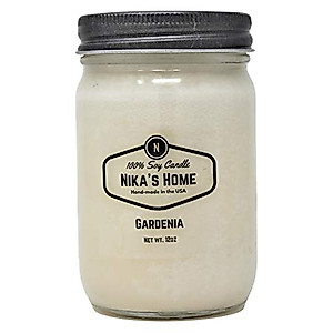 Nika's Home Gardenia Soy Candle 12oz Mason Jar Non-Toxic White Soy Candle Hand Poured Handmade, Clean Long Burning 50-60 Hours Highly Scented All Natural Candle Gift Décor