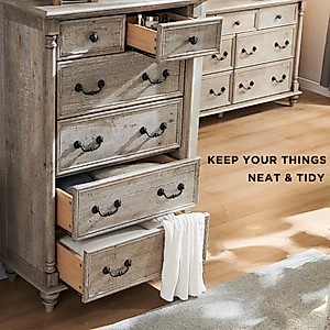 T4TREAM Farmhouse 6 Drawers Dresser Chests for Bedroom w/4 Solid Wood Feet & Column Decor, Tall Wood Country Rustic Chest of Drawers, Storage Dressers for Bedroom, Living Room, Light Rustic Oak