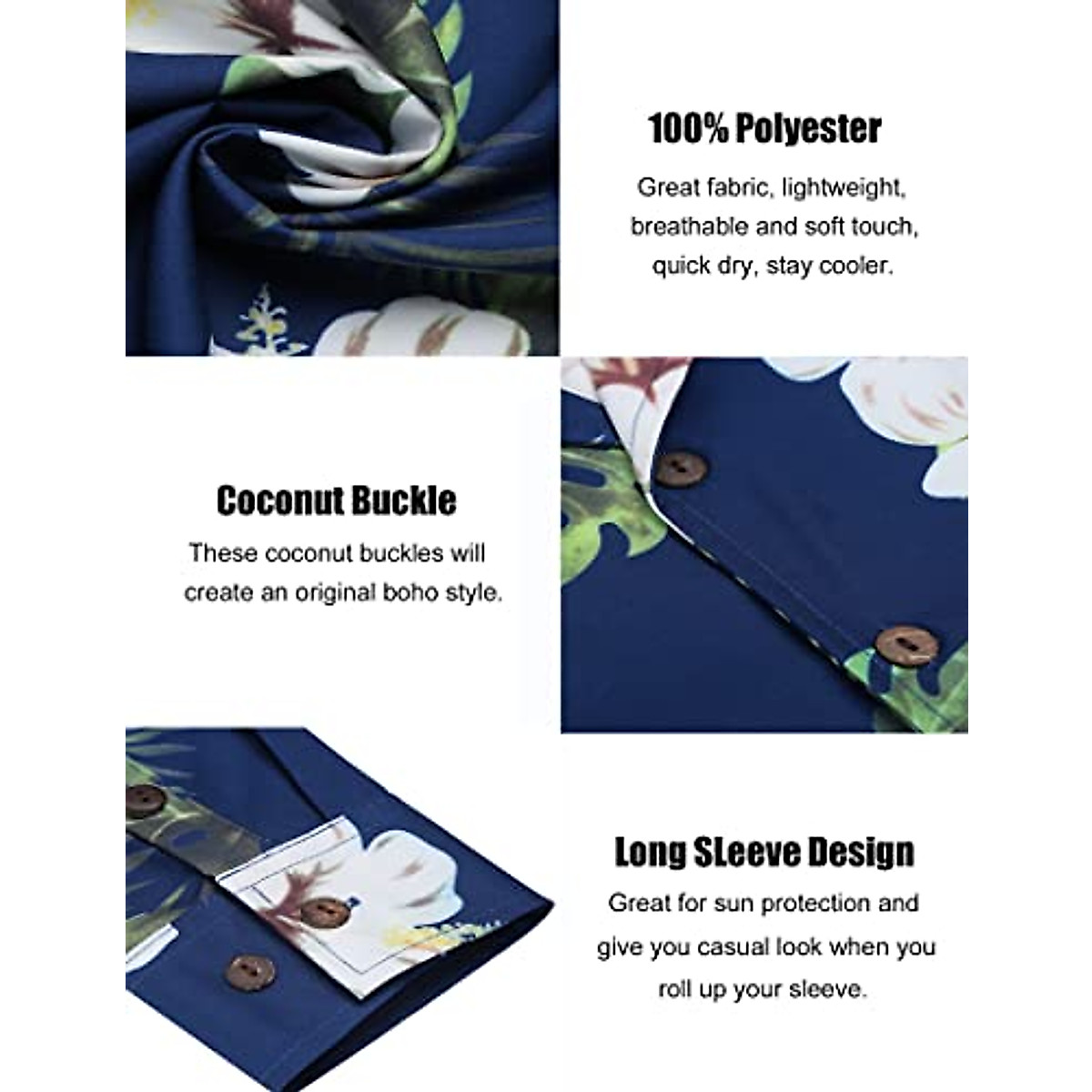 COOFANDY Men Hawaiian Shirts Flower Long Sleeve Beach Shirt Relaxed Fit Tropical Button Up Shirt for Summer Navy Blue XXL