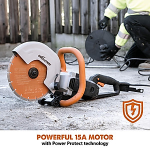Evolution R255DCT - 10 In Concrete Saw (Aka Circular Saw, Angle Grinder, Chop Saw, Cut Off Saw, Demo Saw, Disc Cutter, Power Cutter) - 15A Motor, No Gas - 4-1/16 In Cut - Incl Premium Diamond Blade