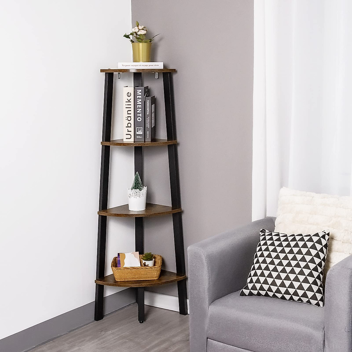 Bennio Brenny Corner Shelf, 4-Tier Ladder Bookshelf, Metal Frame Storage Rack, Shelving Unit, Plant Stand for Living Room, Home Office, Kitchen