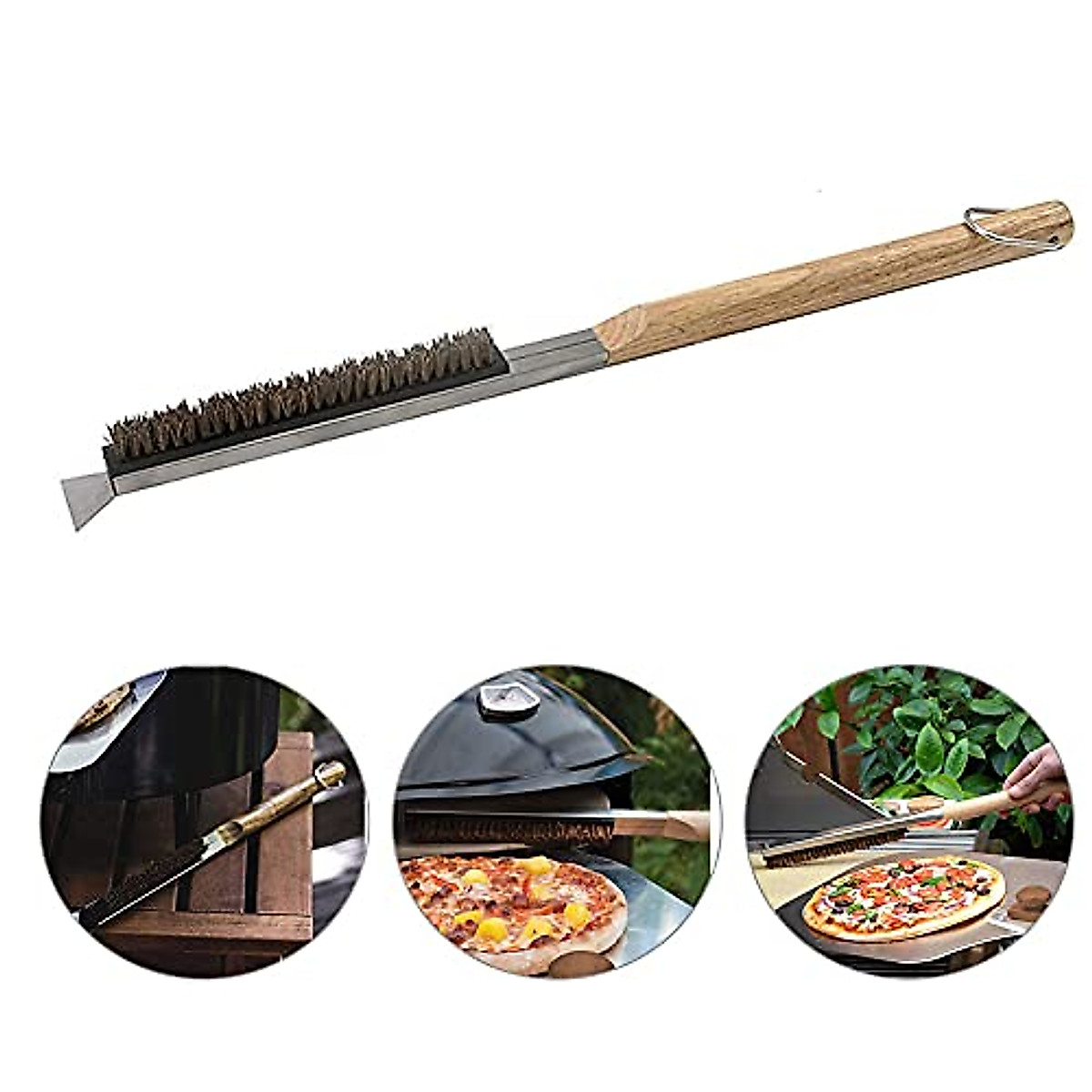 Pizza Oven Brush, Barbecue Grill Brush and Scraper, Extended Large Wooden Handle, Portable Pizza Oven Accessories BBQ Grill Long Handle Stone Cleaner