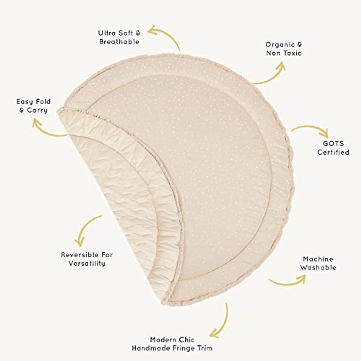 Makemake Organics Organic Play Mat GOTS Certified Organic Cotton Nursery Floor Rug Washable Reversible Non Toxic Activity Mat Tummy Time Crawling Pad Thick Quilted (Round 48", Polka Dots + Solid Oat)