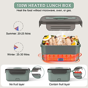 Vingud Electric Lunch Box 100W, 4 in 1 Heated Lunch Box for Adults, Portable Heating Lunch Box for Work/Car/Truck, with 1.8L Stainless Steel Container, 12V 24V 110V 220V, Green Grey