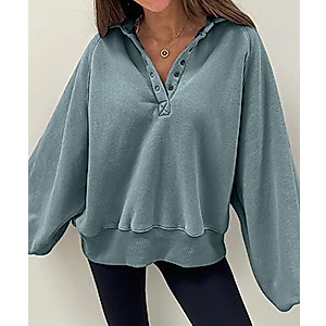 Trendy Queen Womens Sweatshirt Fall Winter Clothes Lantern Sleeve Drop Shoulder Pullover Hoodies Button Fashion Y2K Outfits Lightblue