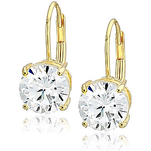 Amazon Essentials Yellow Gold Plated Sterling Silver Round Cut Cubic Zirconia Leverback Earrings (7.5mm), (previously Amazon Collection)