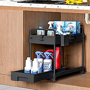 SAMODRA Under Sink Organizers and Storage, Kitchen Storage Rack 2 Tier Drawer Pull-able Cabinet Basket Organizer Bathroom Storage Rack with Hooks, DIY Removable Dividers -Black