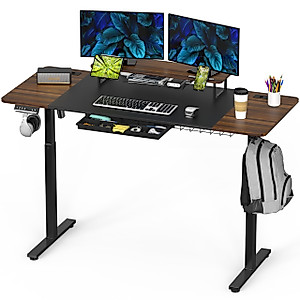 SHW 62-Inch Extra Large Electric Height Adjustable Standing Desk with Monitor Riser and Drawer, 62 x 28 Inches, Walnut