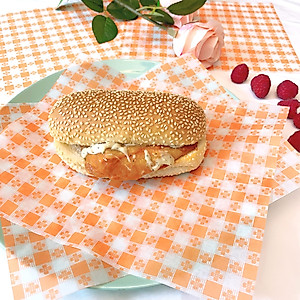 Suiwen 150pcs Orange and White Checkered Wax Paper Sheet for Food, Food Picnic Paper, Greaseproof Paper, Waterproof Dry Hamburger Paper Liners Wrapping Tissue for Plastic Food Basket (8.5 x 9.8 in)