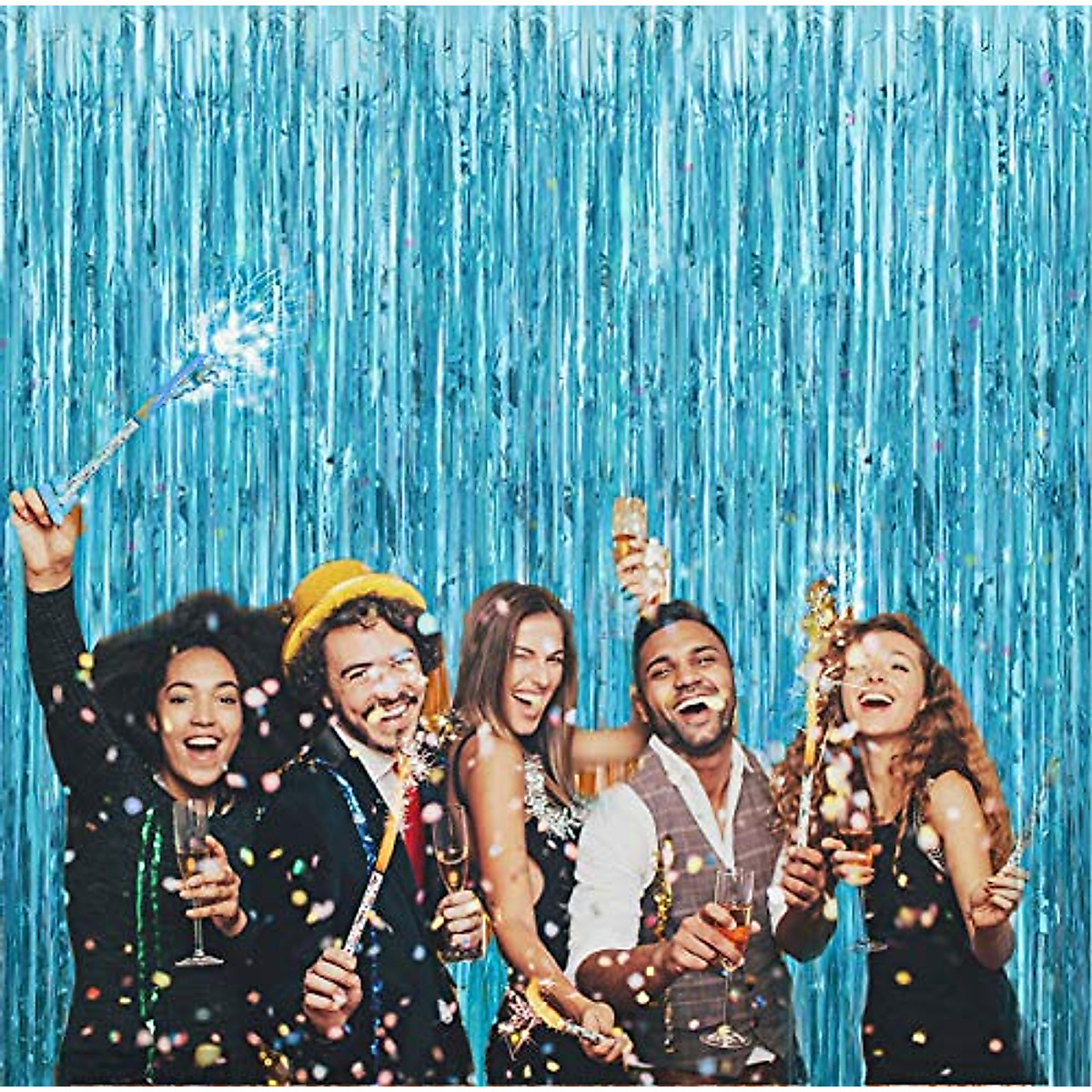 2pcs 3ft x 8.3ft Light Blue Metallic Tinsel Foil Fringe Curtains Photo Booth Props for Birthday Wedding Engagement Bridal Shower Baby Shower Bachelorette Holiday Celebration Party Decorations