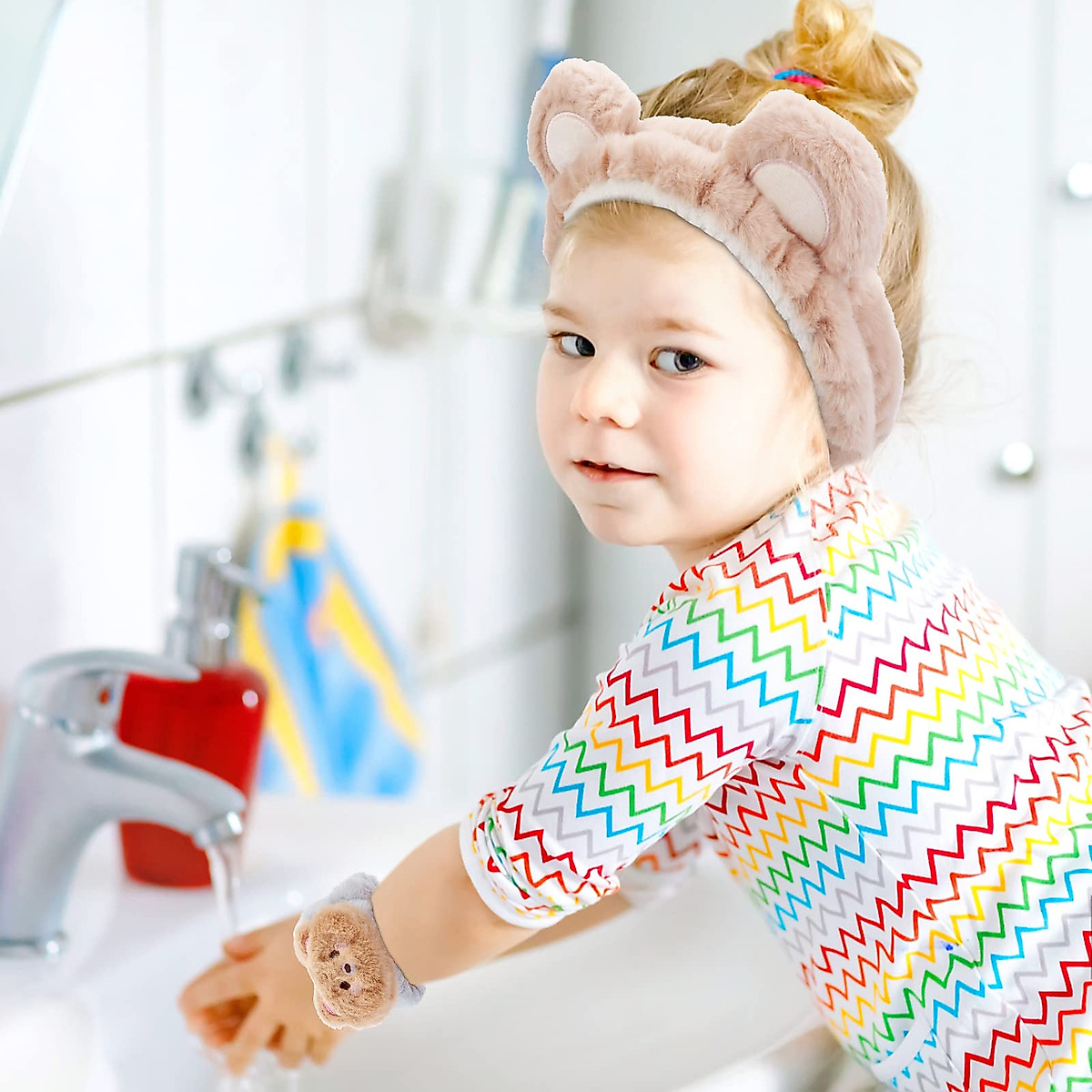 WHAVEL Hairband 3Pcs, Spa Headband and Wristband Set with Cute Bear Ears, Face Wash Headband Facial Headband Wrist Bands for Women, Girls (Coffee 01)