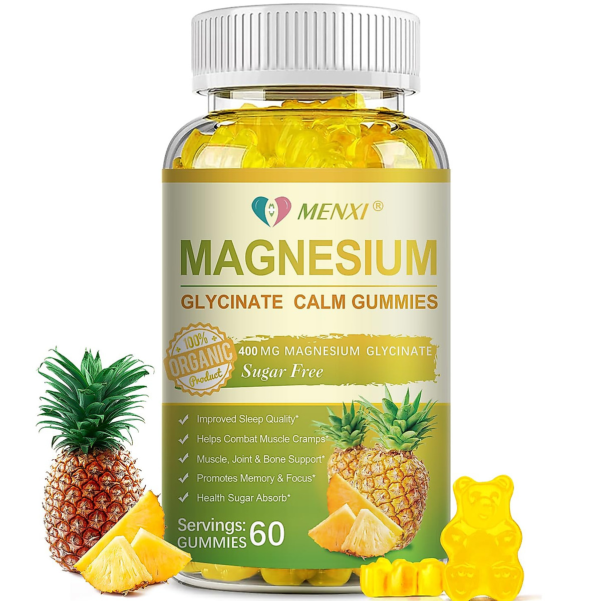 Magnesium Glycinate Gummies 400mg, Sugar Free Magnesium Taurate, Magnesium Malate Supplement with Vitamin D, B6, CoQ10 for Relaxation, Stress Relief, Muscle, Bone & Sleep Support- 60 Pineapple Gummies
