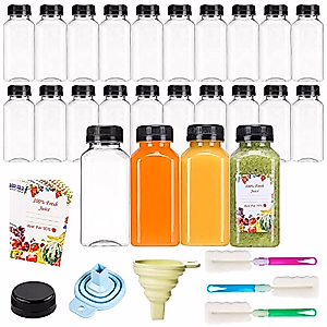 ookizom 24 Pack 8oz Plastic Juice Bottles with Caps, Perfect for Your Water, Juice or Smoothie, Reusable Clear with 3 Brushes & 2 Folding Funnels & Exquisite Label Paper