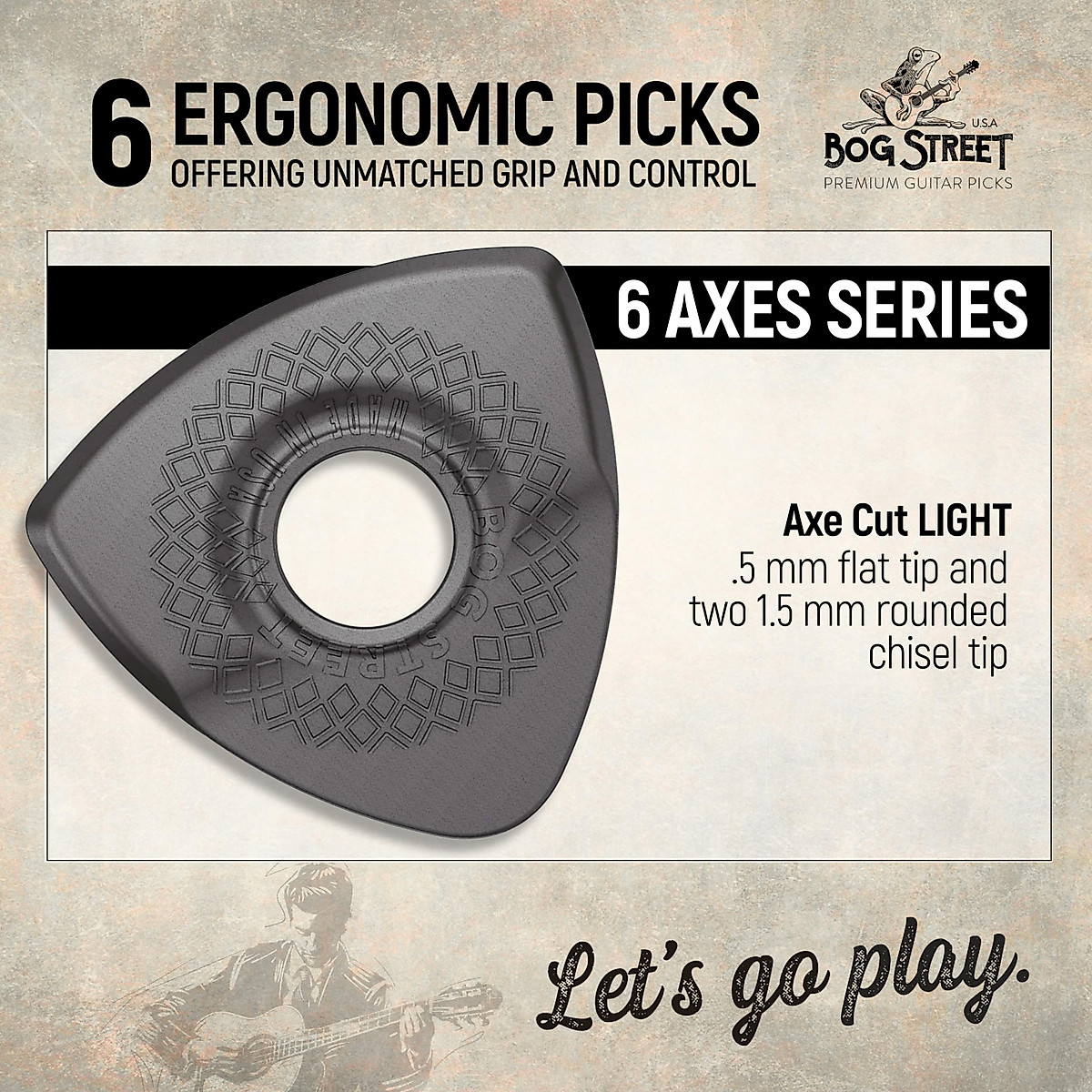 Bog Street Axe Cut Thin Guitar Pick Pack Of 6 - Made in USA Ergonomic Guitar Picks Thin, Non Slip Light Guitar Picks, Black Color