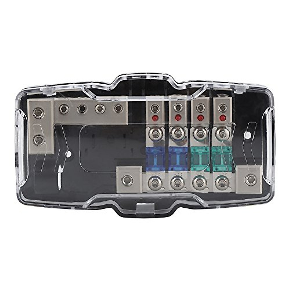 4 Way Power Distribution Block, Car o Stereo fuses Box Block, 0/4 Gauge in, 4/8 Gauge Out