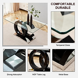 FURNITO 63'' Glass Dining Table Set for 4,Modern Dining Table Set for 4,Tempered Glass Table Top and High-End Design MDF Base with 4 Leather Ergonomic Dining Chairs