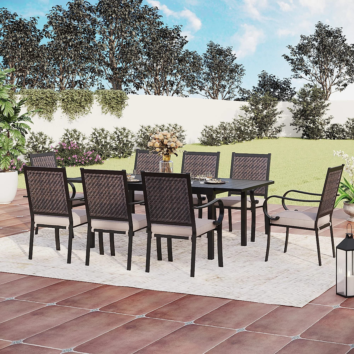 PHI VILLA 9 Piece Outdoor Extendable Dining Set for 8, Expandable Rectangular Metal Dining Table & 8 Rattan Chairs for Patio, Deck, Yard