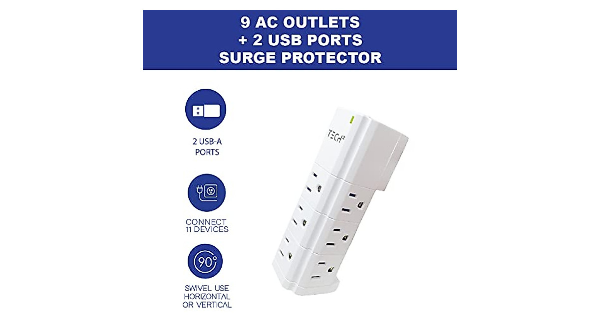 Tech2 Three Sided Surge Protector Power Strip with 9 Outlets & 2 USB ...
