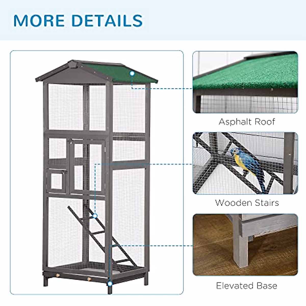 PawHut 65" Wooden Bird Cage Outdoor Aviary House for Parrot, Parakeet, with Pull Out Tray and 2 Doors, Grey