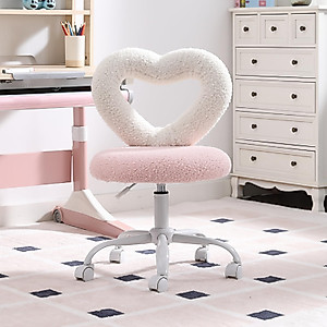 DUOMAY Faux Fur Kids Desk Chair, Heart Back Upholstered Computer Chair for Boys and Girls Cute Swivel Height Adjsutable Study Arm Chair for Child Home Bedroom, Pink & White