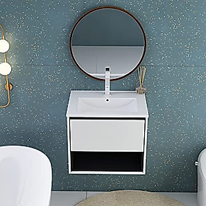 24 inches Wall Mounted Bathroom Vanity, Floating Bathroom Vanity Cabinet with Drawer Vanity Sink Combo with Open Shelf Wood Hanging Bath Cabinet, Easy Assembly, White