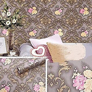ZAMNEA 17.8 x 118 Inches Self-Adhesive Liner Paper, Removable Shelf Liner Wall Stickers Dresser Drawer Peel Stick Kitchen Home Decor, Grey Golden Damask