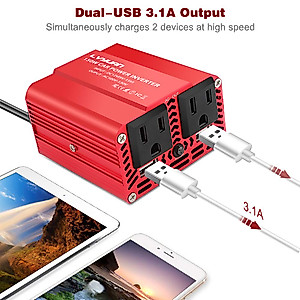 LVYUAN 150W Car Power Inverter 12V to 110V AC Car Charger Adapter with 3.1A Dual USB Car Adapter for Plug Outlet Red