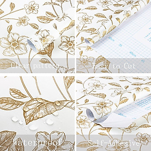 Heroad Brand Floral Peel and Stick Wallpaper Boho Contact Paper White and Gold Leaf Wallpaper Clearance Peel and Stick Wallpaper for Cabinets Shelf Liner Vinyl Roll Self Adhesive 78.7"x17.3"
