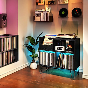 TC-HOMENY Record Player Stand with Vibration-Isolated Turntable Design, Vinyl Record Storage Table with Charging Station, Mid-Century Modern Turntable Stand (Black)