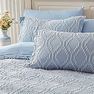 EMME Duvet Cover Set Microfiber, Tufted Queen Duvet Cover Set, Boho Bedding Sets Queen for All Seasons, 3 Pieces Embroidery Chic Duvet Cover Full, 1 Duvet Cover + 2 Pillowcases (Blue & White, Queen)