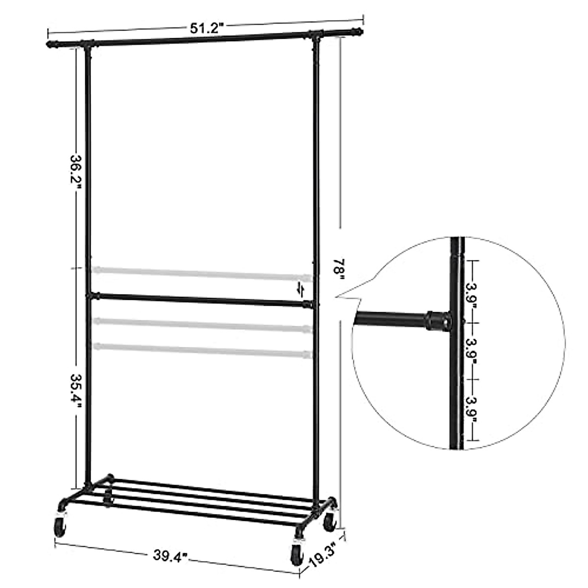 SONGMICS Clothes Rack, Industrial Double Rod Metal Clothing Rack for Hanging Clothes, Adjustable Middle Rod, with Wheels and Shelf, Heavy-Duty Commercial Display, Black UHSR62BK