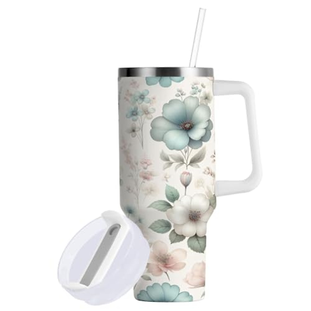 Jihqo Pure Flowers 40 oz Stainless Steel Vacuum Insulated Tumbler with Handle and Straw Lid, Leakproof Water Bottle Double Wall Travel Mug Coffee Cup, Cupholder Friendly