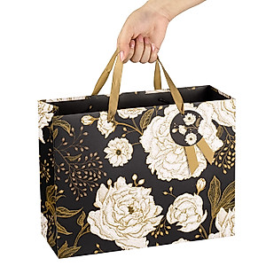 Loveinside Black and Gold Gift Bag Foil Floral with Tissue Paper for Mother's day, Birthday, Valentine's Day, Wedding, Anniversaries, Engagements - 13" x 10" x 5", 1 Pcs