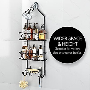 LEVERLOC Shower Caddy Over Shower Head Anti-Swing with Strong Suction Cup, Shower Organizer Hanging Rustproof with Hooks for Razor Towel and Sponge, Shower Shelf for Bathroom, Metal Black