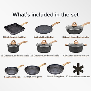 JEETEE Pots and Pans Set Nonstick 23pcs, Healthy Kitchen Cookware Sets, Induction Cooking Set W/Gray Granite Stone Frying Pans, Saucepans, Sauté Pan, Griddle Pan & Crepe Pan (PFOA Free)