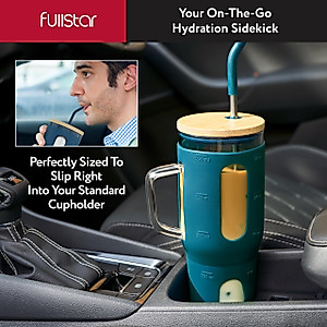 fullstar Glass Cups with Lids and Straws - Drinking Glasses, Glass Tumbler with Straw and Lid, Iced Coffee Cups, Glass Coffee Cups with Bamboo Lids (Dark Teal, 1 Pack)