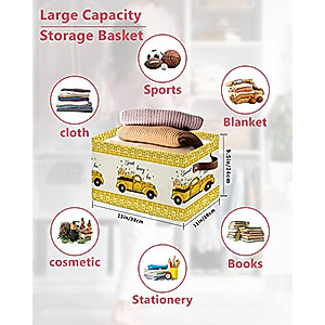 Storage Baskets for Organizing, Toy Box Chest Farm Sweet Honey Bee Truck Daisy Yellow Buffalo Plaid Foldable Cube Storage Bin with 2 Leather Handles Set of 2