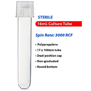 Globe Scientific 110178 Polypropylene Culture Tube with Attached Dual Position Cap, Sterile, 14mL Capacity, 17mm Dia, 100mm Height (Case of 500)