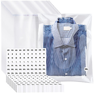 PerKoop 400 Pcs Clear Cellophane Plastic Shirt Bags Thick Self Adhesive Clear Shirt Bags for Packaging with 1400 Pcs Size Stickers 10"x13" Resealable Clothing Bags for Clothes Jeans Small Business