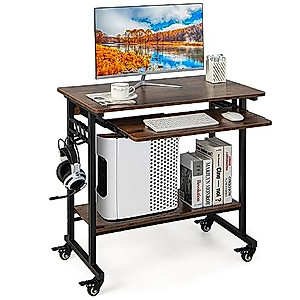 Tangkula Rolling Computer Desk Cart with Keyboard Tray, Mobile Portable Laptop PC Desk with CPU Stand & 3 Hooks for Sofa & Bed, Industrial Small Desk on Wheels for Small Spaces, Home Office Desk