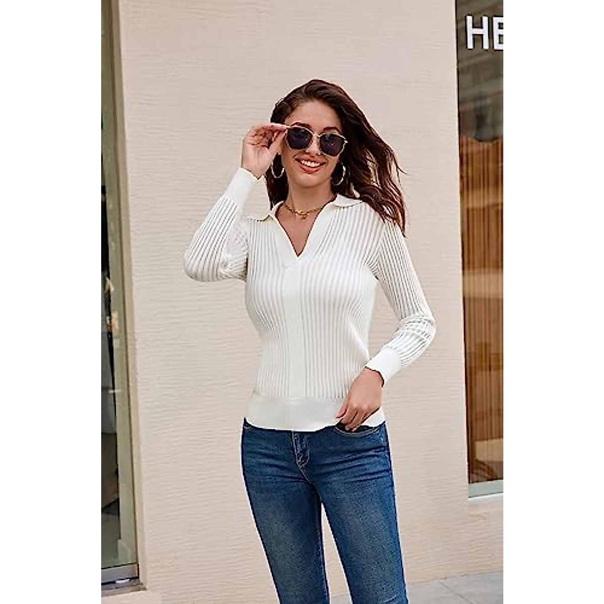 GRACE KARIN Women's Casual Foldover Collared Pullover Sweaters V Neck Long Sleeve Sweater Tops White L