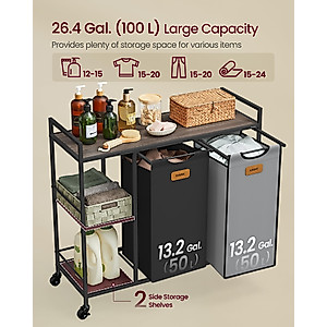 VASAGLE Laundry Hamper with 2 Compartments, 26.4 Gal. (100 L) Laundry Sorter, Rolling Laundry Cart with Shelves, Removable Liners, 6 Labels, Chestnut Brown, Ink Black and Dove Gray UBLH311B02