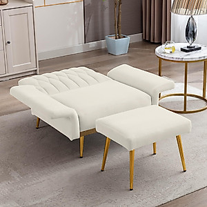 TTGIEET Velvet Accent Chair with Ottoman, Modern Upholstered Tufted Armchair, Comfy Single Sofa Chair Side Chair with Golden Metal Legs& Adjustable Arms for Living Reading Room Bedroom Office (Cream