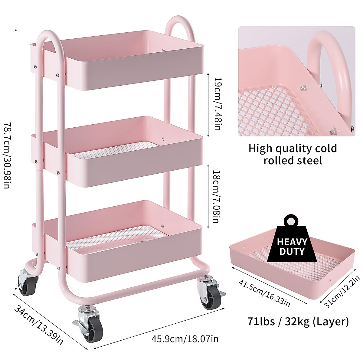 MIOCASA 3-Tier Metal Utility Rolling Cart, Heavy Duty Multifunction Cart with Lockable Casters, Easy to Assemble, Suitable for Office, Bathroom, Kitchen, Garden (Pink)